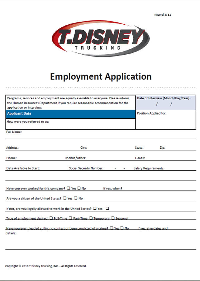 Employment Forms - T. Disney Trucking